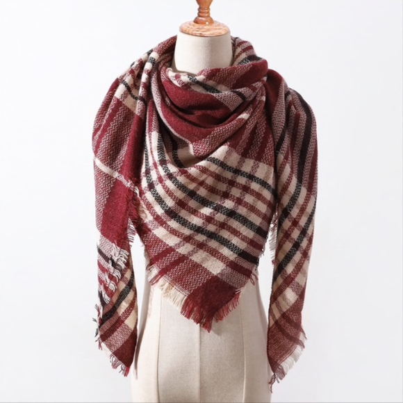 Accessories | Plaid Raw Hem Wrap Blanket Red Triangle Scarf | Poshmark